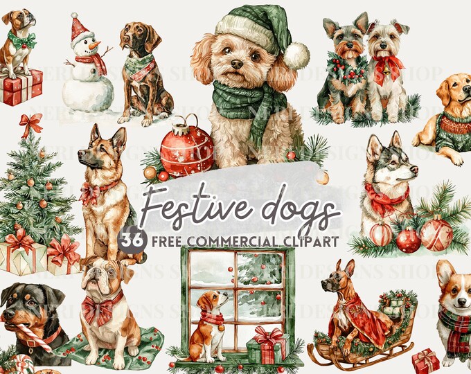 15 Christmas Dogs Clipart, Dog PNG, Watercolor Dog Illustration ...