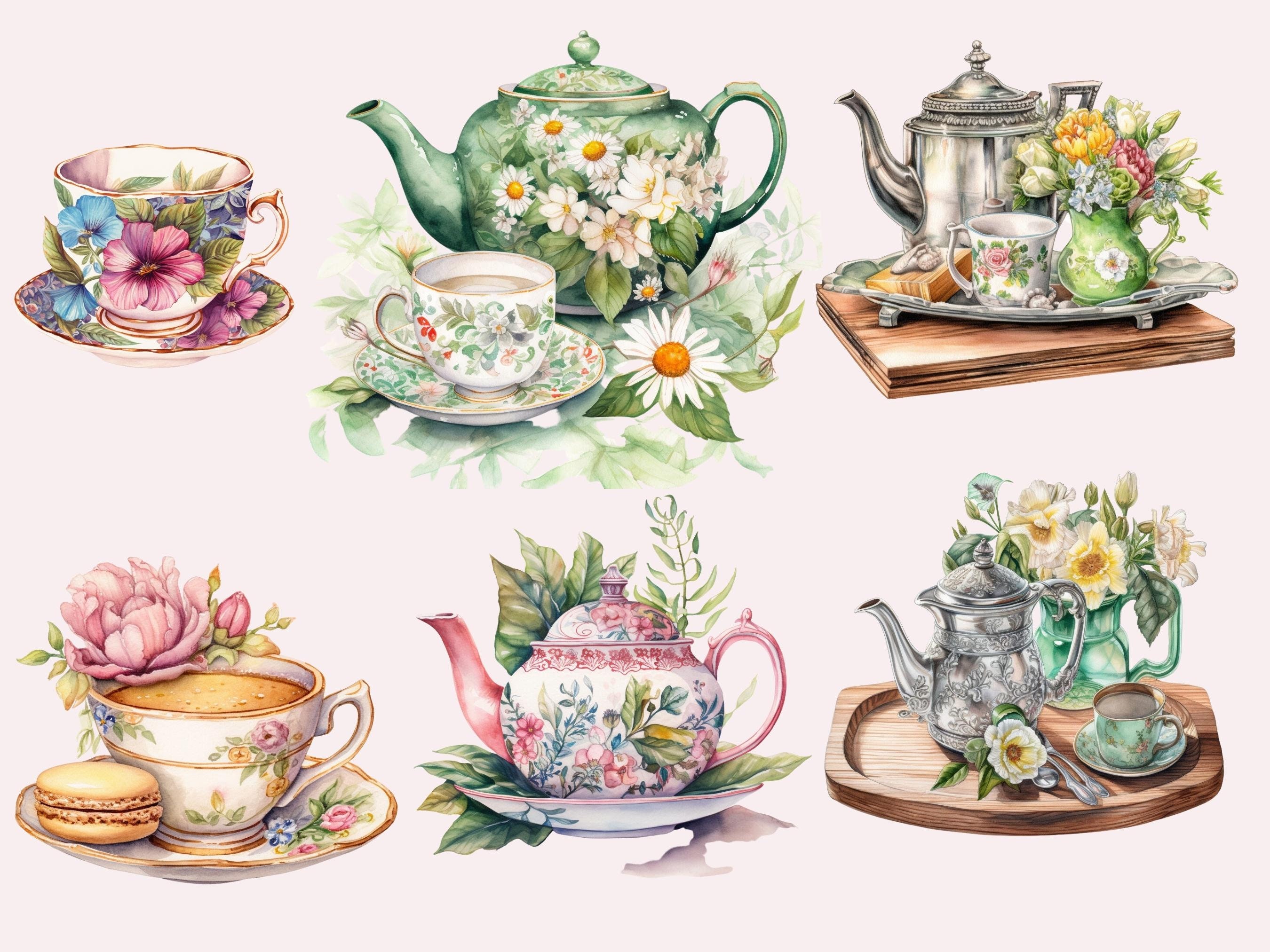 Vintage Tea Cup Watercolor Clipart Bundle Free Commercial - Etsy