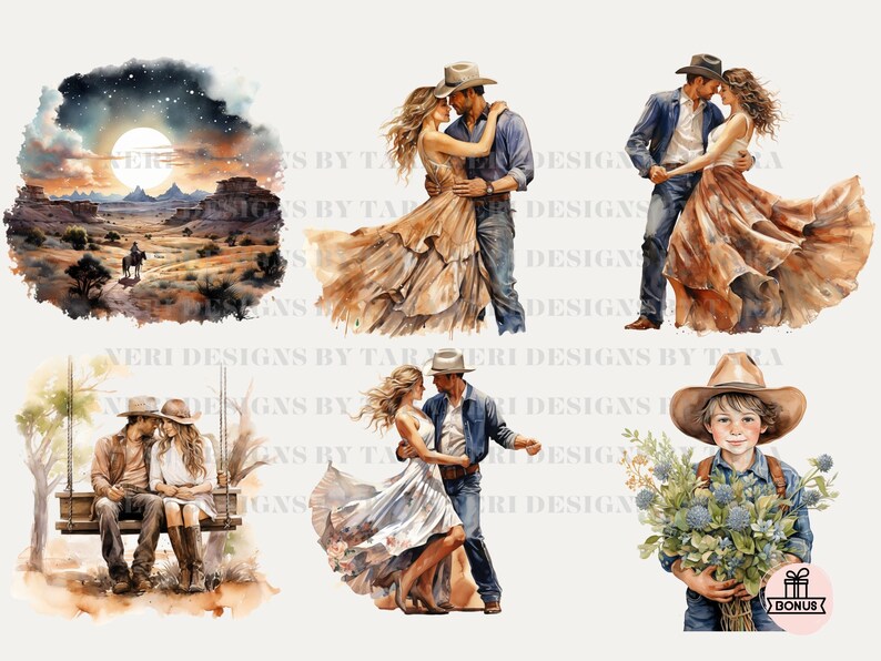 Romantic Cowboy Watercolor Clipart Bundle, Cowboy Embracing His Partner ...