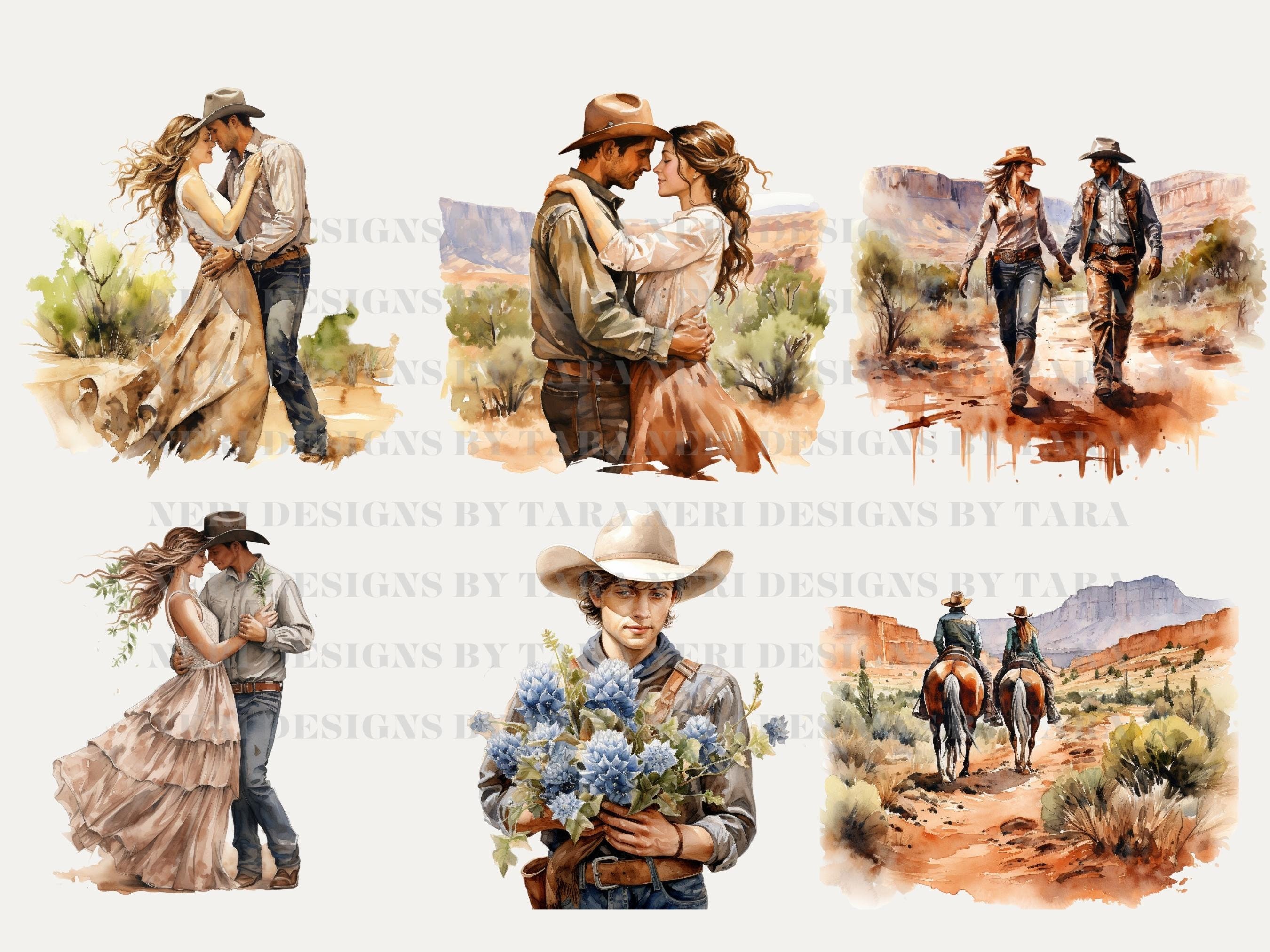 Romantic Cowboy Watercolor Clipart Bundle, Cowboy Embracing His Partner ...
