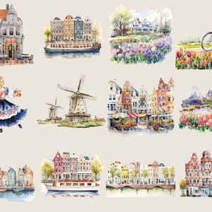 Netherlands Watercolor Clipart Bundle, Dutch Colored Townhouse Free ...