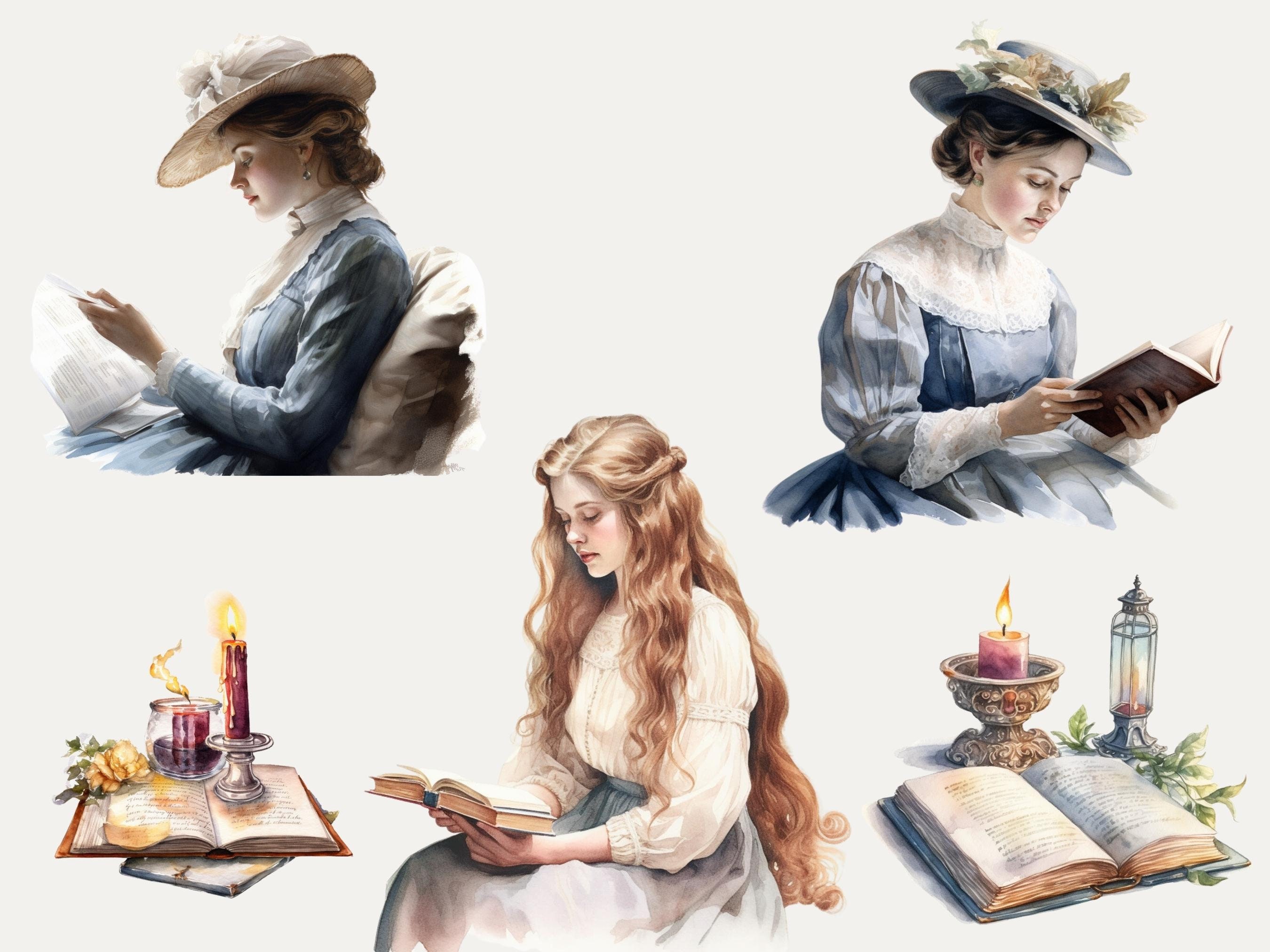 Vintage Lady Reading Watercolor Png Clipart Bundle Vintage - Etsy
