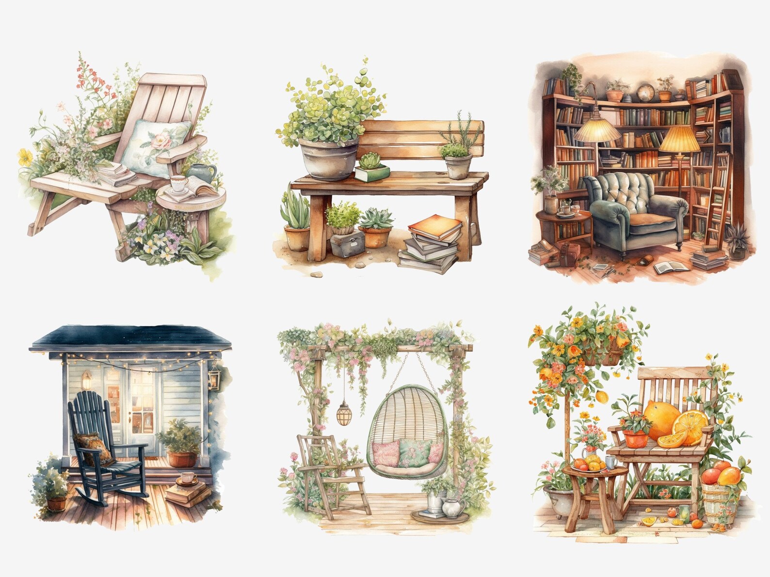 Cozy Reading Nook Watercolor Clipart Bundle Outdoor Reading - Etsy