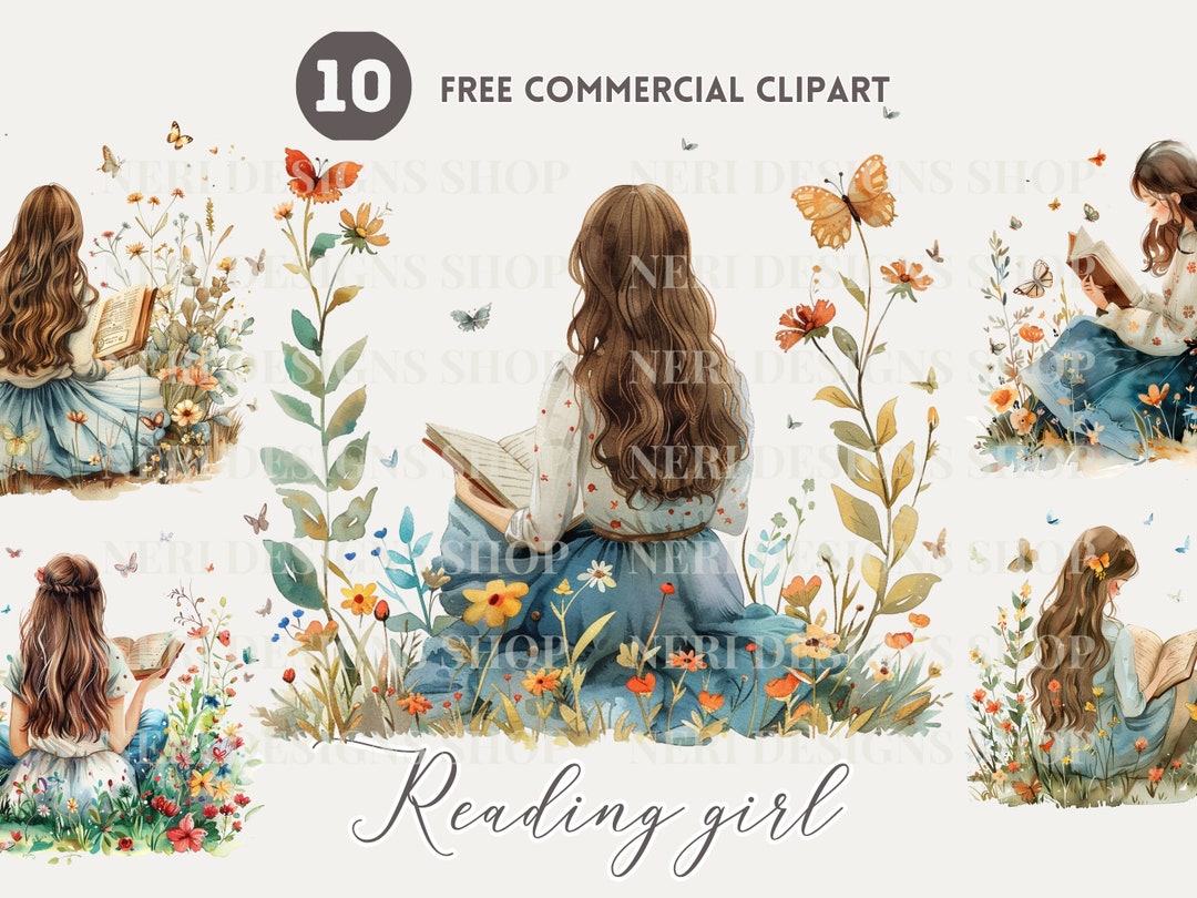 Girl Reading in Flower Garden Watercolor Clipart Bundle, Backview Young ...
