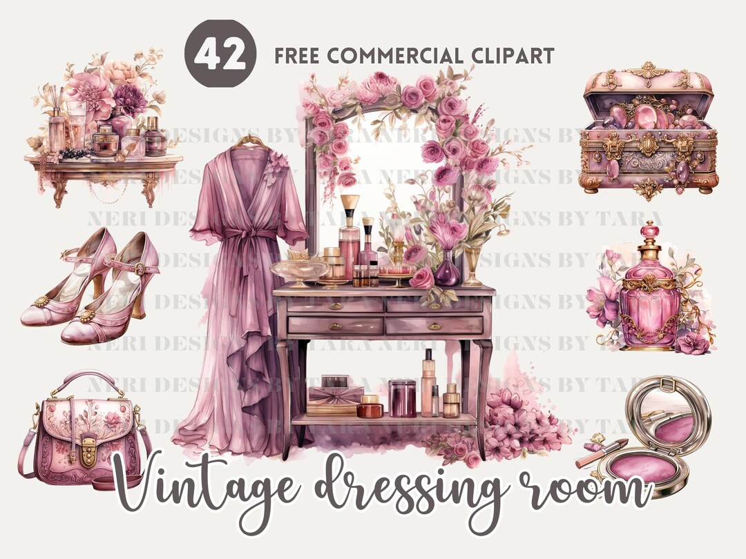 Vintage Dressing Room Watercolor Clipart Bundle, Vanity Table, Classic ...