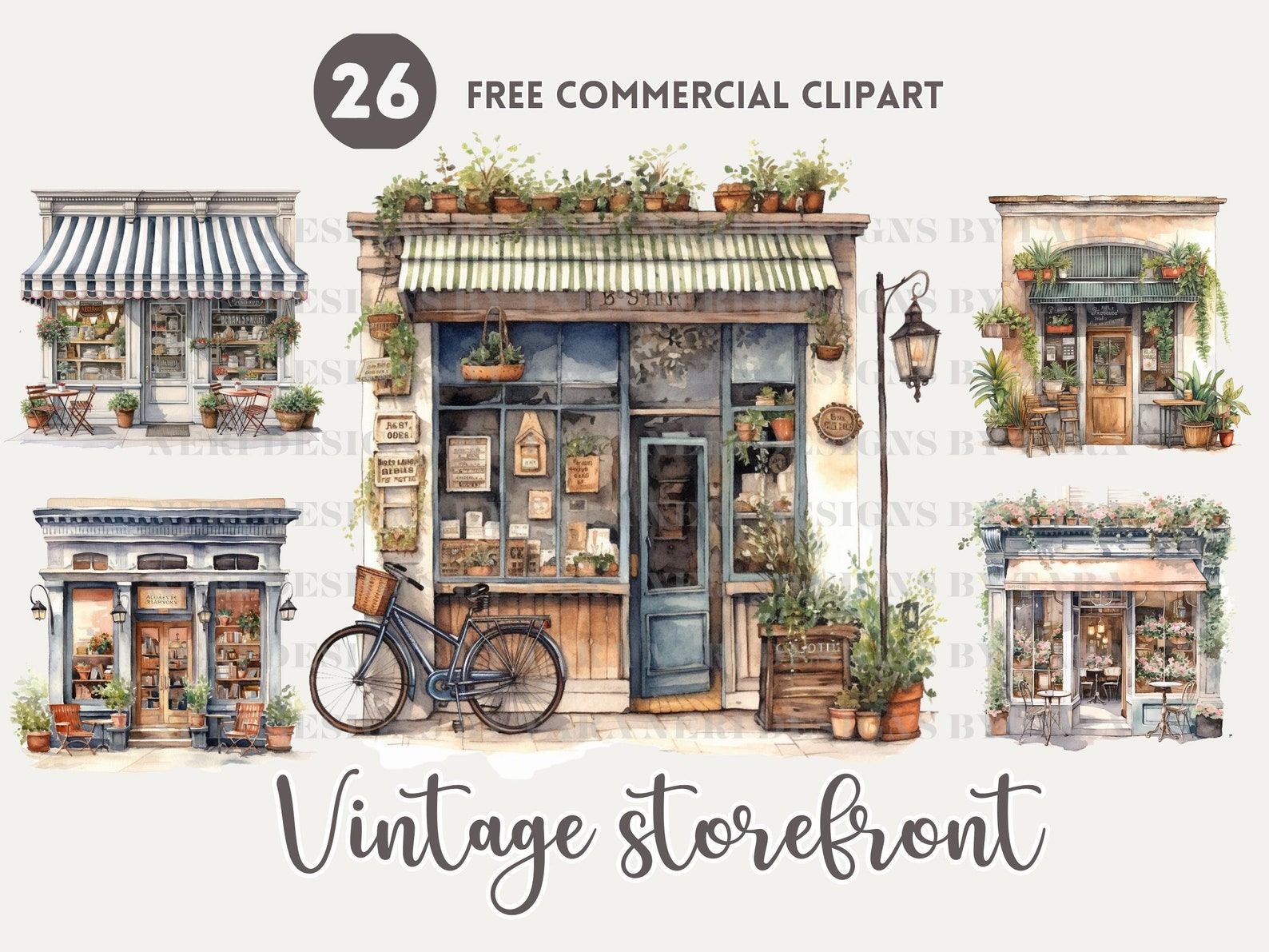 Vintage Storefront Watercolor Clipart Bundle, Retro Coffee Shop Free ...