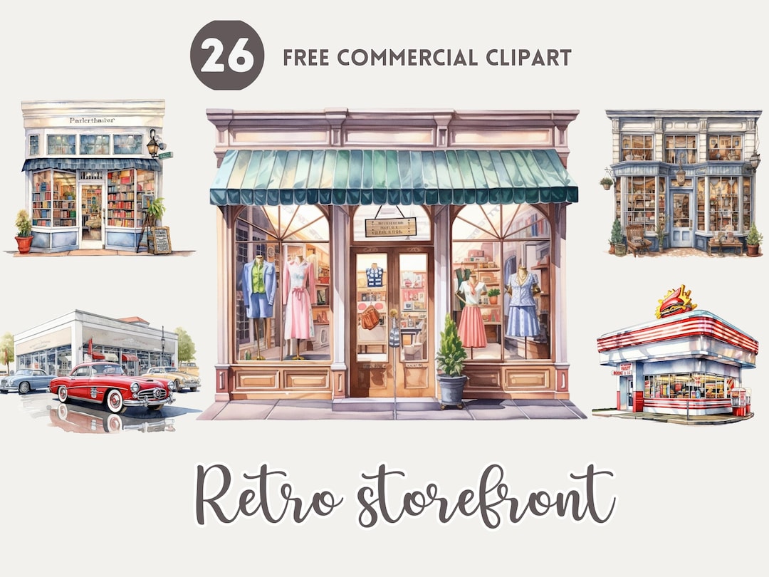 Retro Storefront Watercolor Clipart Bundle, Street Shop, Store Facade ...