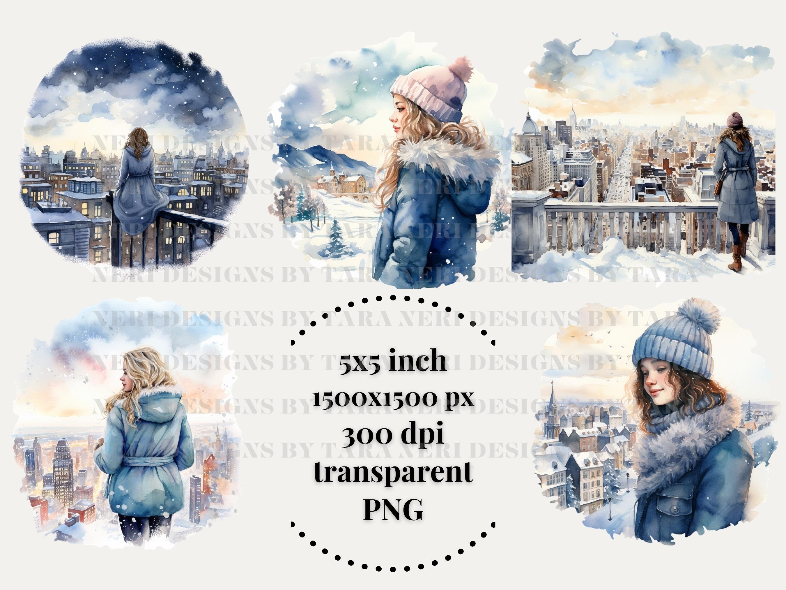Winter Girl Watercolor Clipart Bundle Woman in Snow Scene - Etsy
