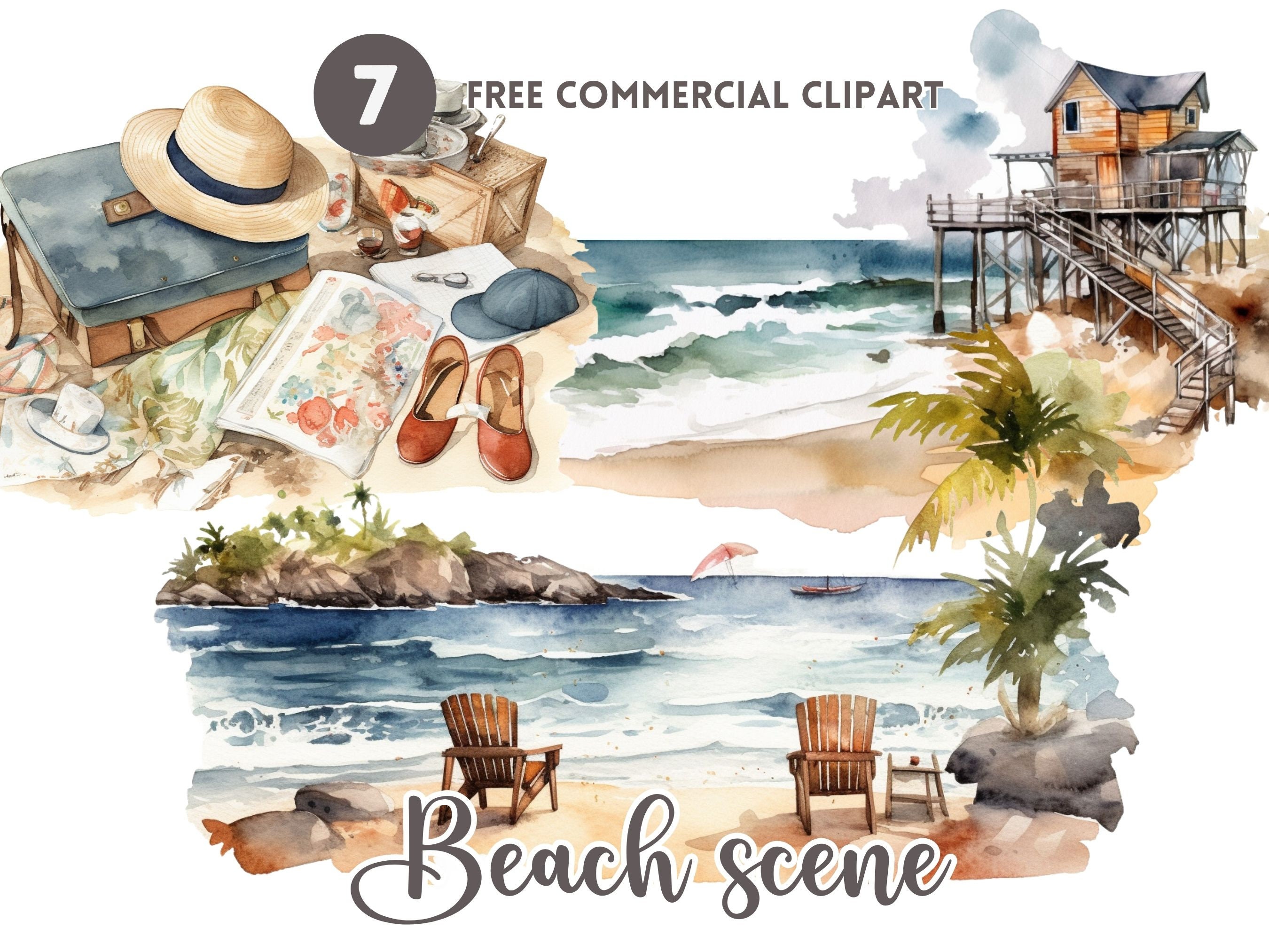 Beach Scene Watercolor Clipart Bundle Free Commercial Nature - Etsy