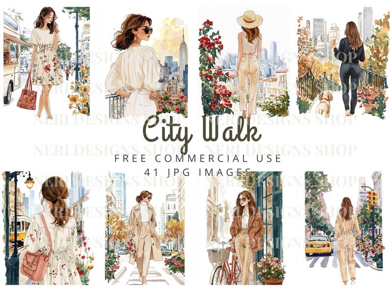 Urban Woman Watercolor Clipart, Girl Walking in City Planner Sticker ...
