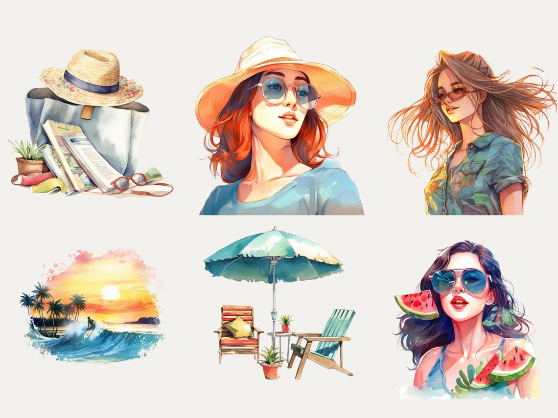 Beach Vacation Watercolor Clipart Bundle Summer Scene Free - Etsy