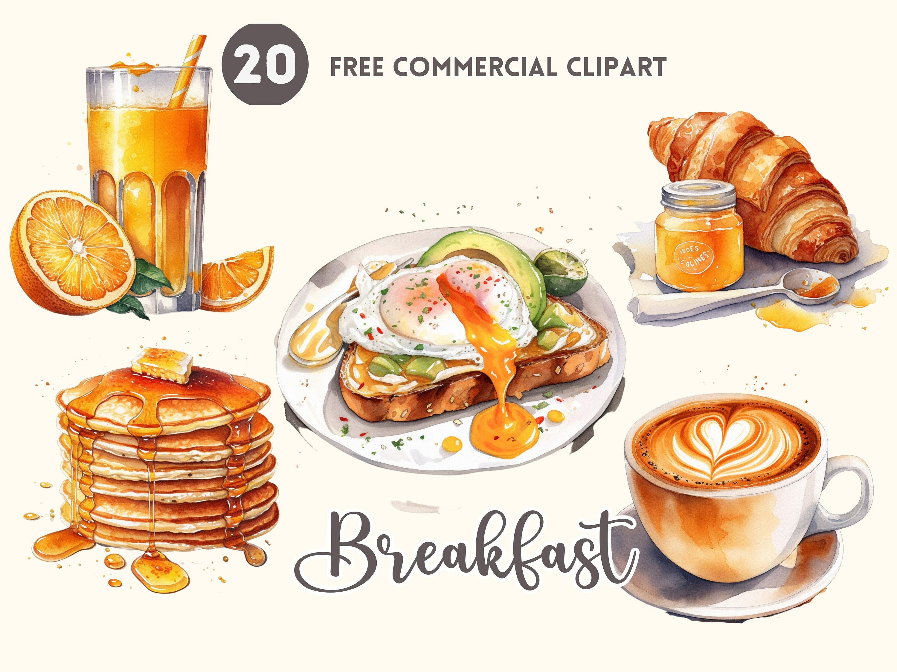 Breakfast Food Watercolor Clipart Bundle Free Commercial - Etsy
