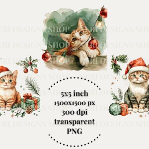 Christmas Cat and Gift Watercolor Clipart Festive Kitty Play With Light ...