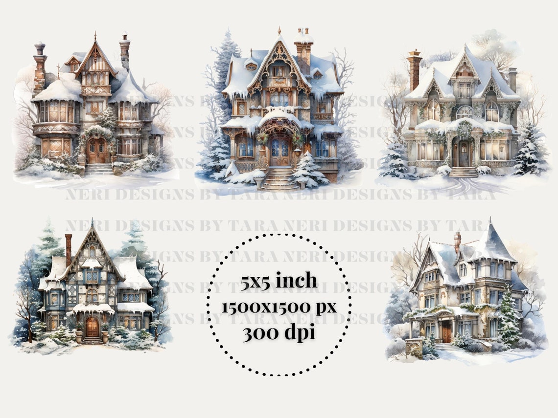 Winter House Watercolor Clipart Bundle, Christmas Mansion Free ...