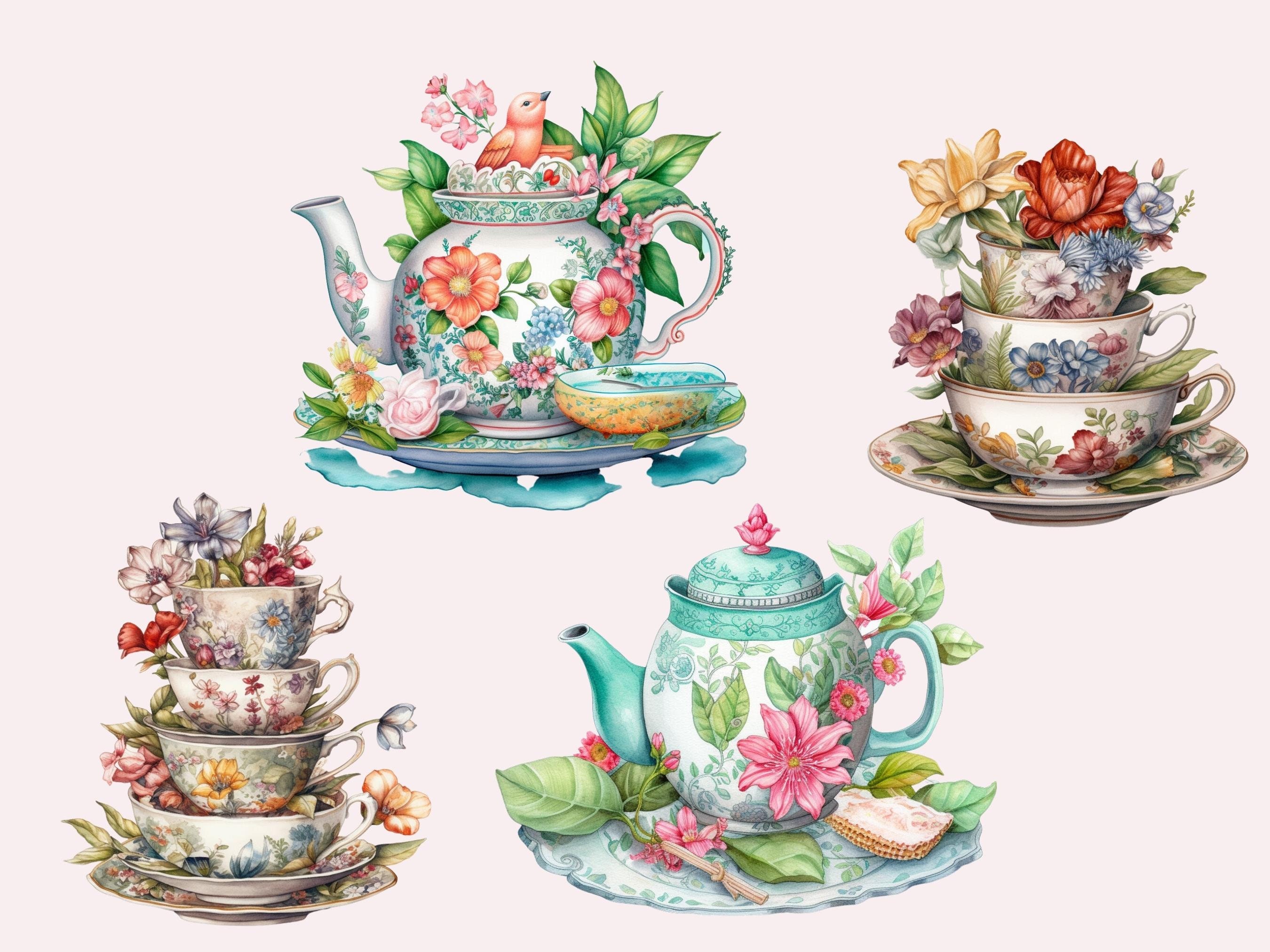 Vintage Tea Cup Watercolor Clipart Bundle Free Commercial - Etsy