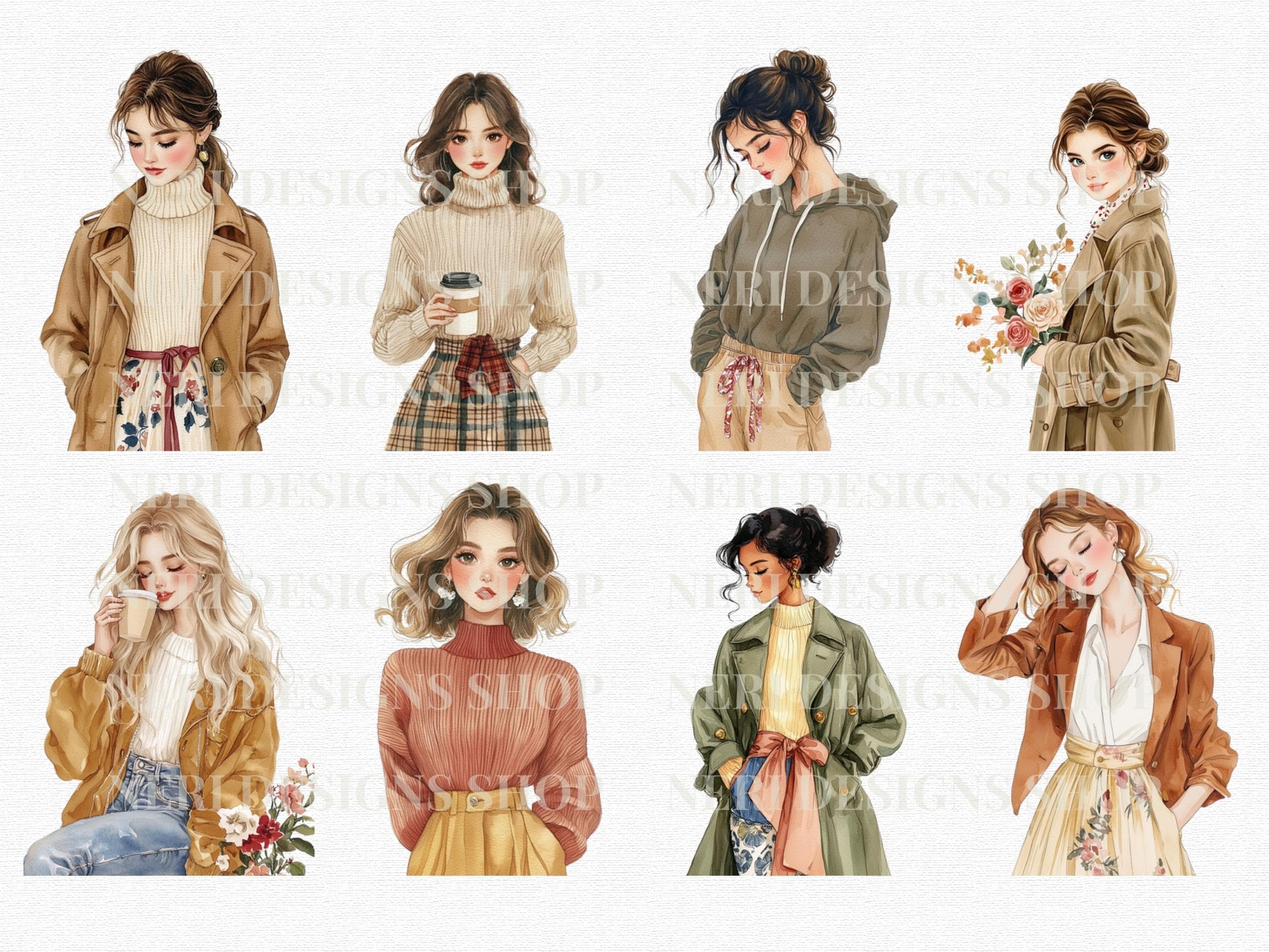 Cozy Planner Girl Watercolor Clipart, Fall Fashion Girl Free Commercial ...
