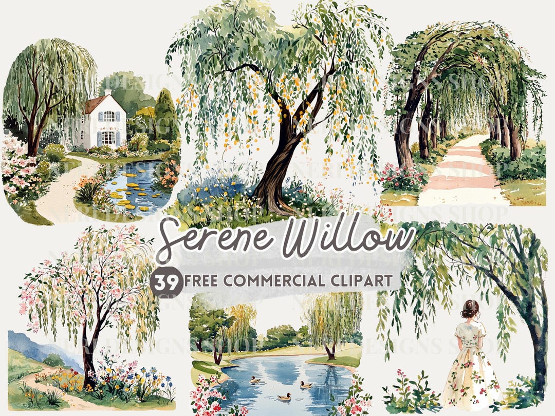 Willow Tree Watercolor Clipart, Serene Nature Scene Free Commercial PNG ...