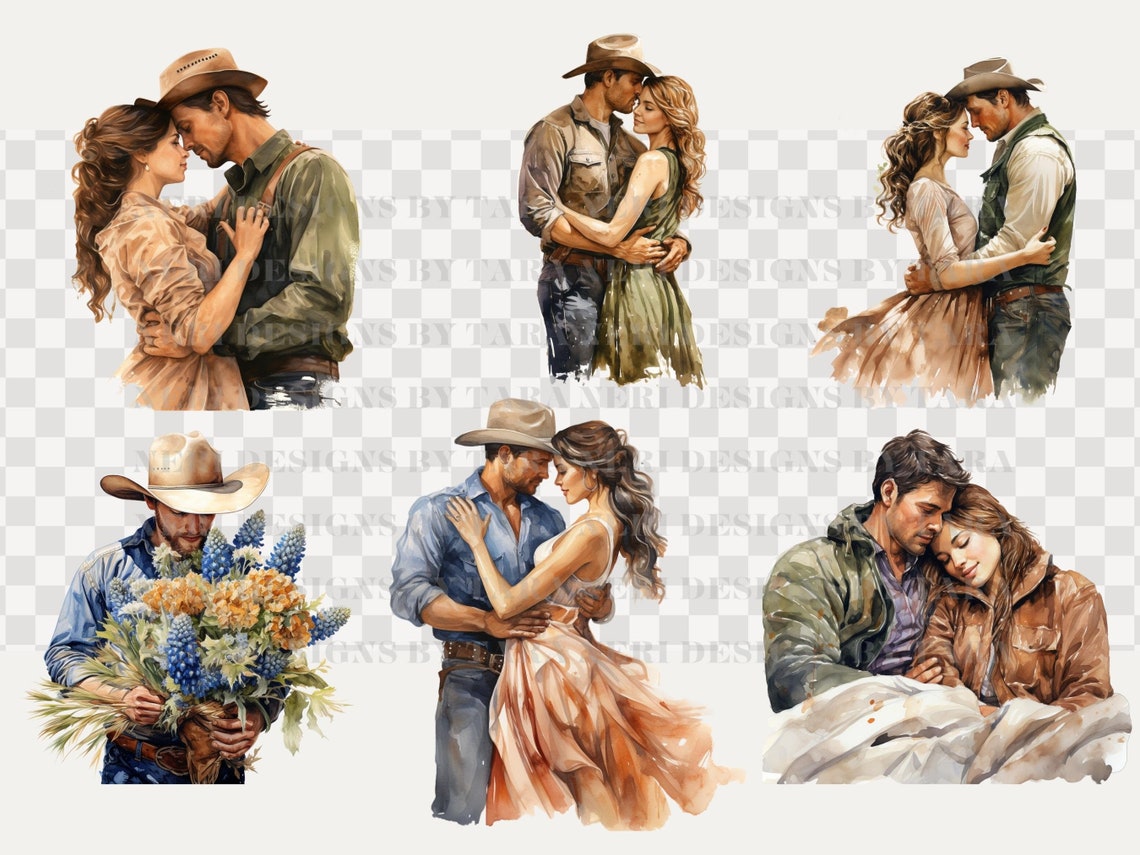 Romantic Cowboy Watercolor Clipart Bundle, Cowboy Embracing His Partner ...