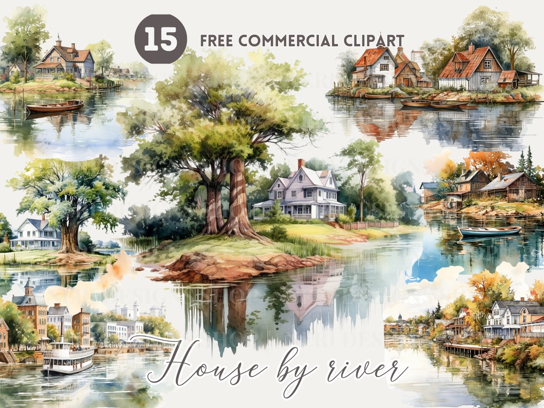Riverside House Watercolor Clipart Bundle, River Boat Free Commercial ...