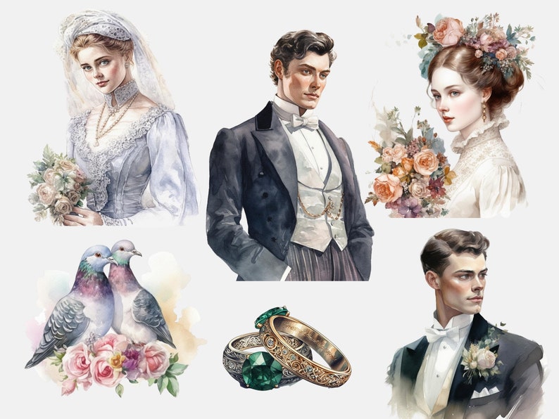 Vintage Wedding Watercolor Clipart Bundle Victorian Bride & - Etsy