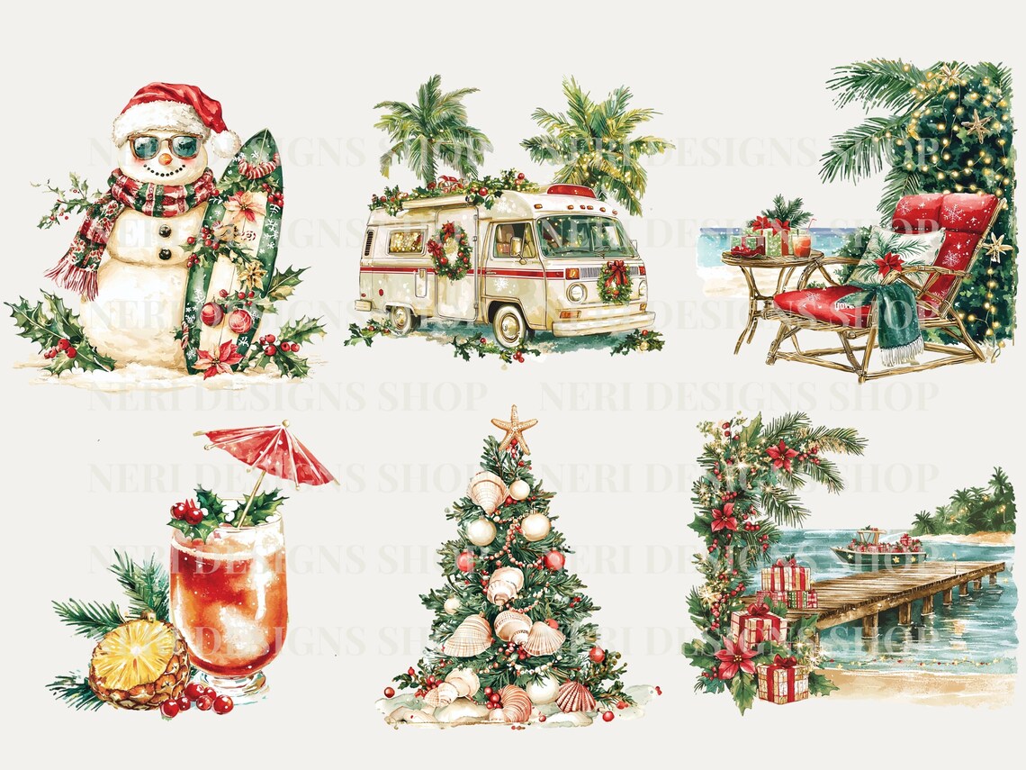 Tropical Christmas Watercolor Clipart, Christmas Beach Camper Free ...