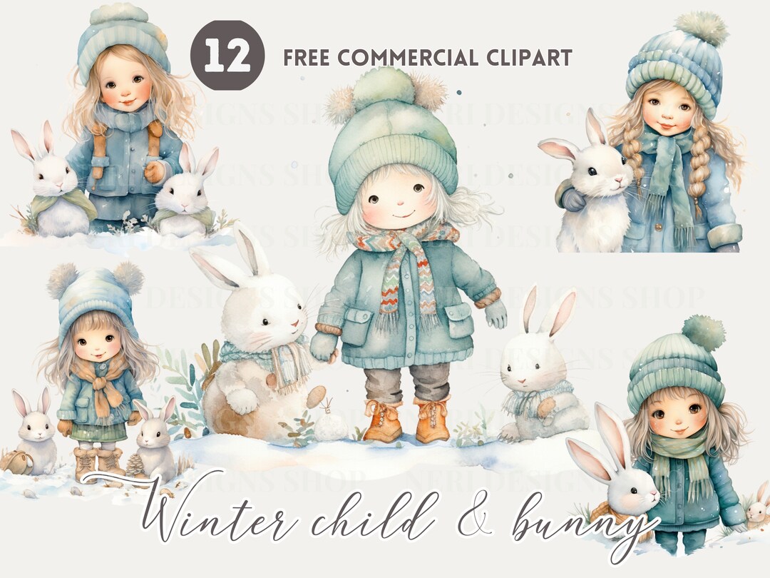 Winter Child and Bunny Watercolor Clipart Bundle, Cute Christmas Girl ...