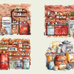 Retro Kitchen Watercolor Clipart Bundle Free Commercial Vintage Cooking ...