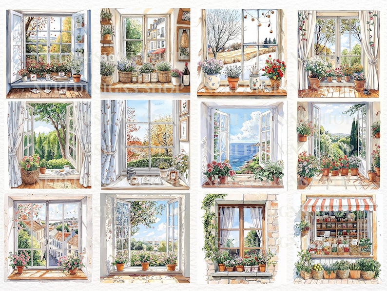 Window View Watercolor Clipart, Balcony Door Scene Free Commercial ...