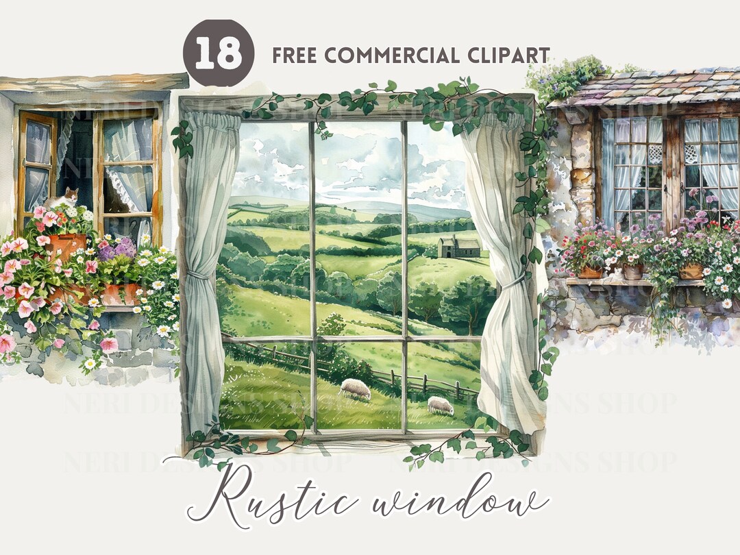 Rustic Floral Window Watercolor Clipart Bundle, Field View Window Free ...
