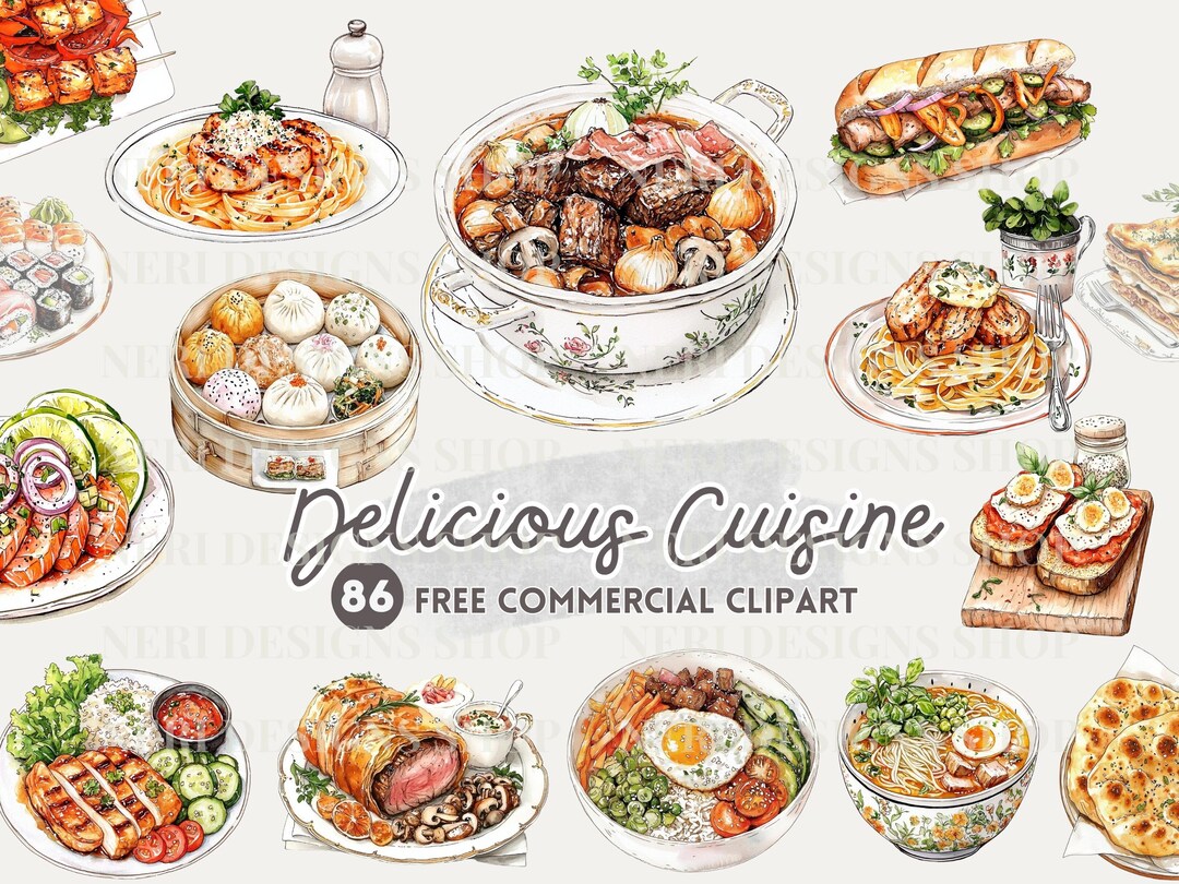Food Watercolor Clipart, Western Cuisine Free Commercial PNG, Asian ...