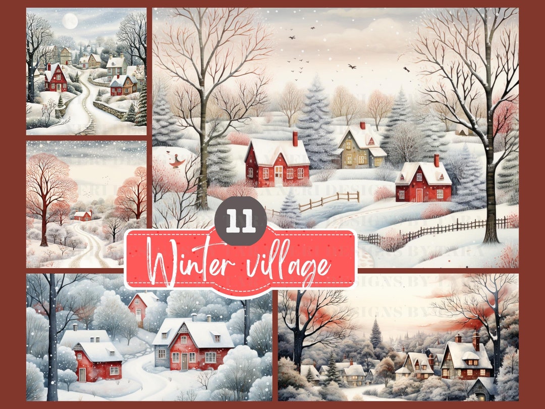 Cozy Winter Village Watercolor Digital Paper Card, Christmas Scenery ...