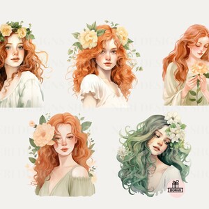 Red Hair Girl Watercolor Clipart Bundle, Girl With Flower Free ...