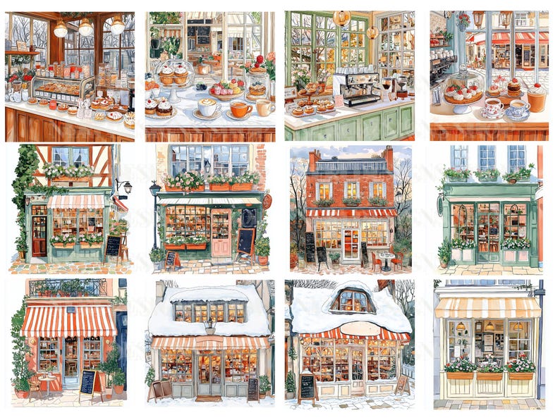Cozy Café View Watercolor Clipart Bundle, Seasonal Coffee Shop Window ...