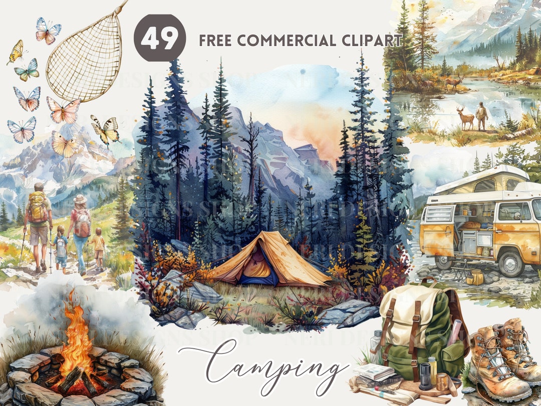 Camping Scene Watercolor Clipart Bundle, , Riverside Camper Free ...