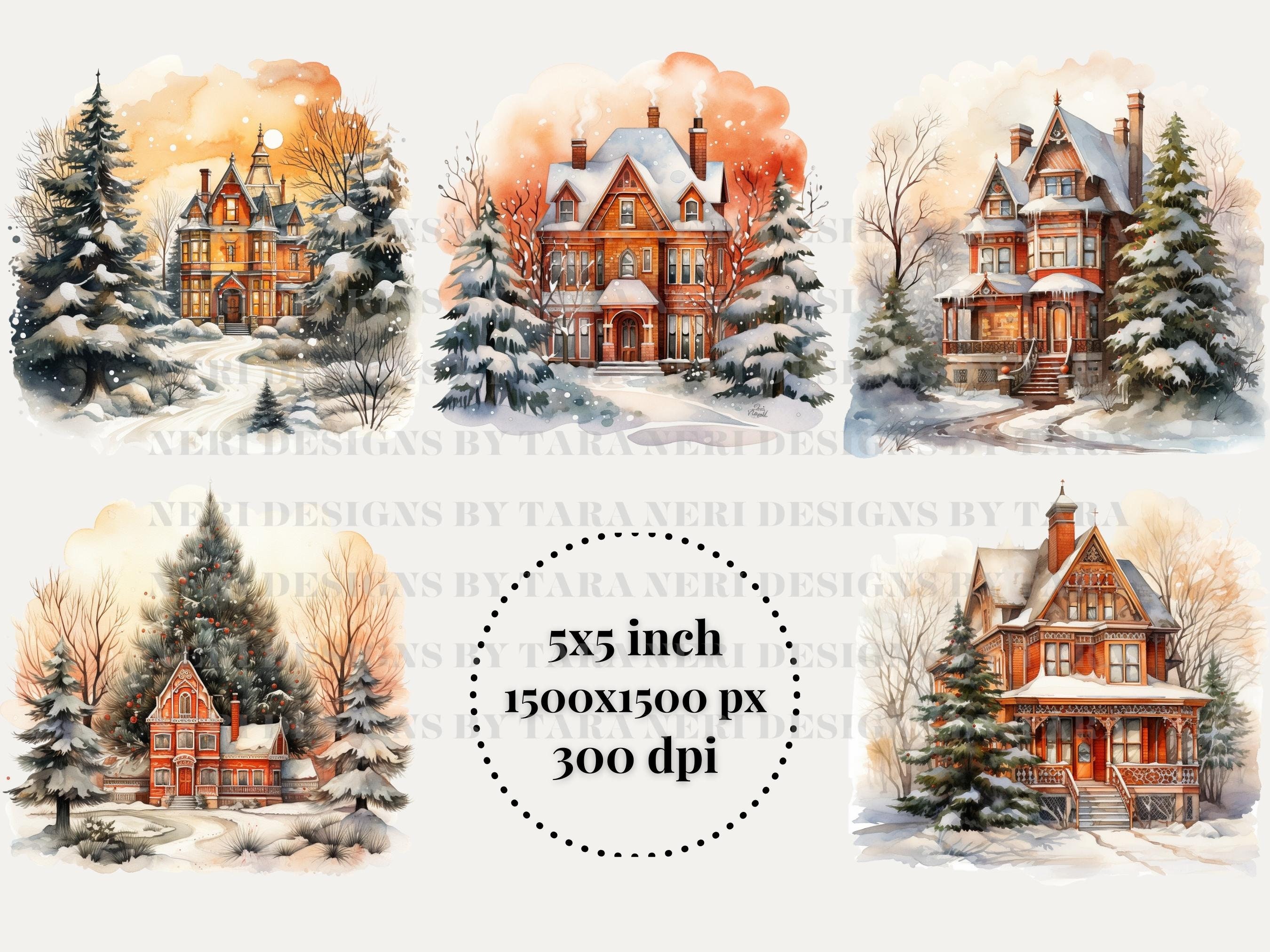 Cozy Winter House Watercolor Clipart Bundle Christmas Scenery - Etsy