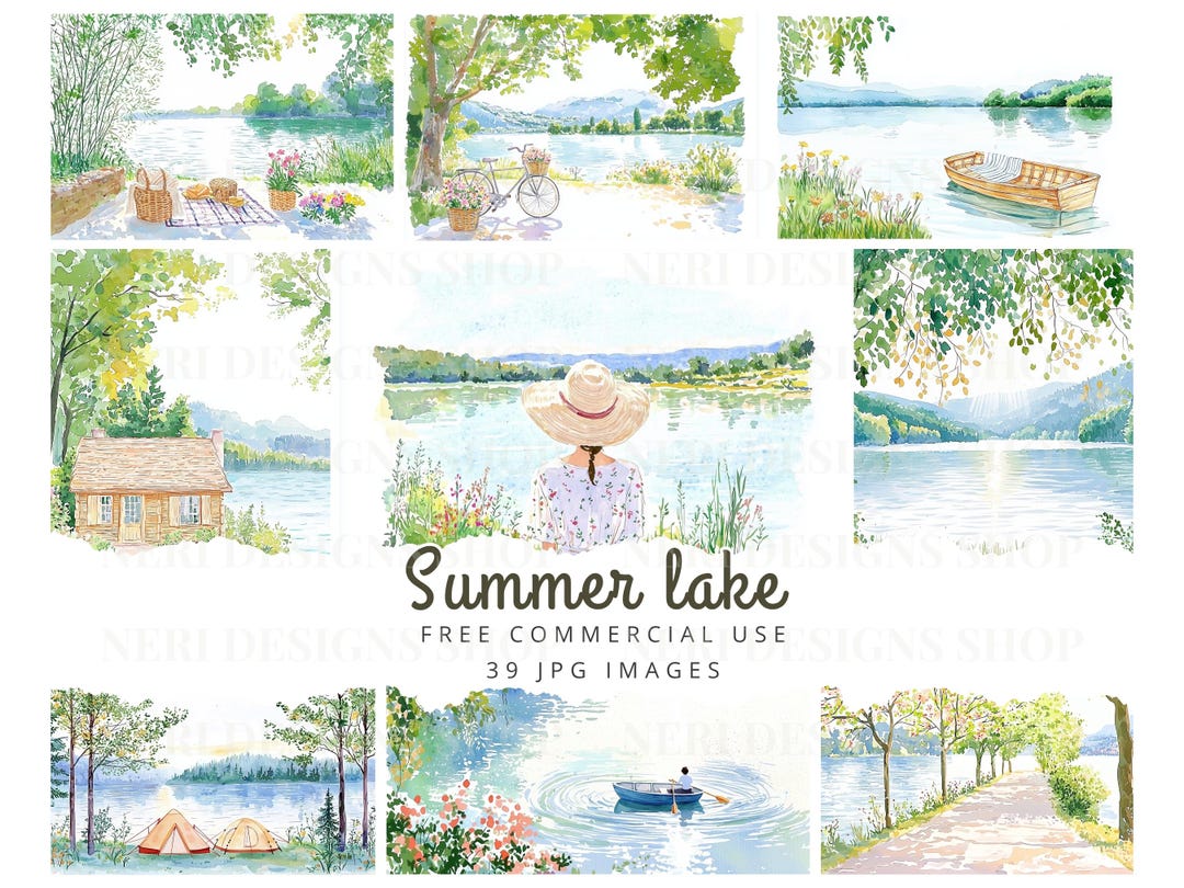Summer Lake Landscape Watercolor Clipart Bundle, Lakeside Scene and ...