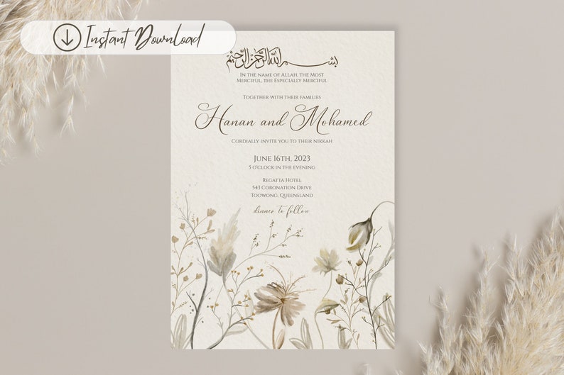 Floral Beige Nikah Wedding Invitation, Muslim Walima Invite Islamic ...