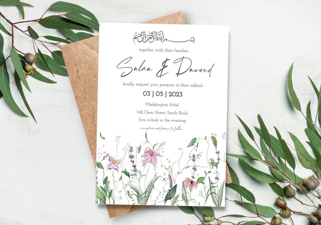 Floral Nikah Wedding Invitation, Muslim Walima Invite, Islamic Wedding ...