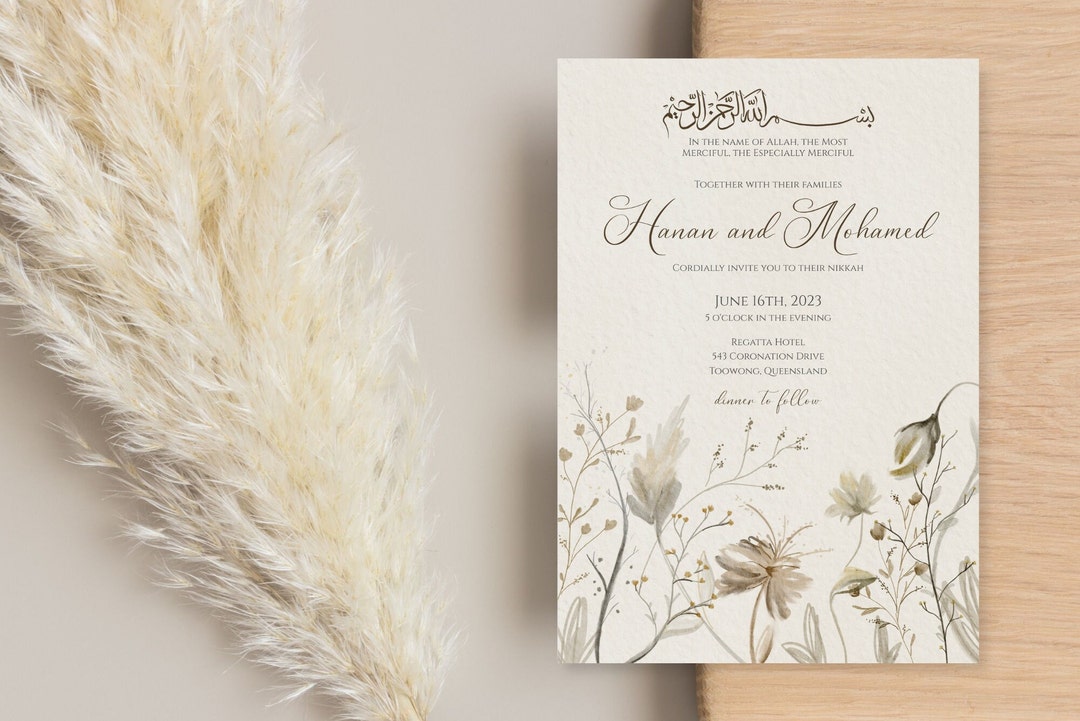 Floral Beige Nikah Wedding Invitation, Muslim Walima Invite Islamic ...