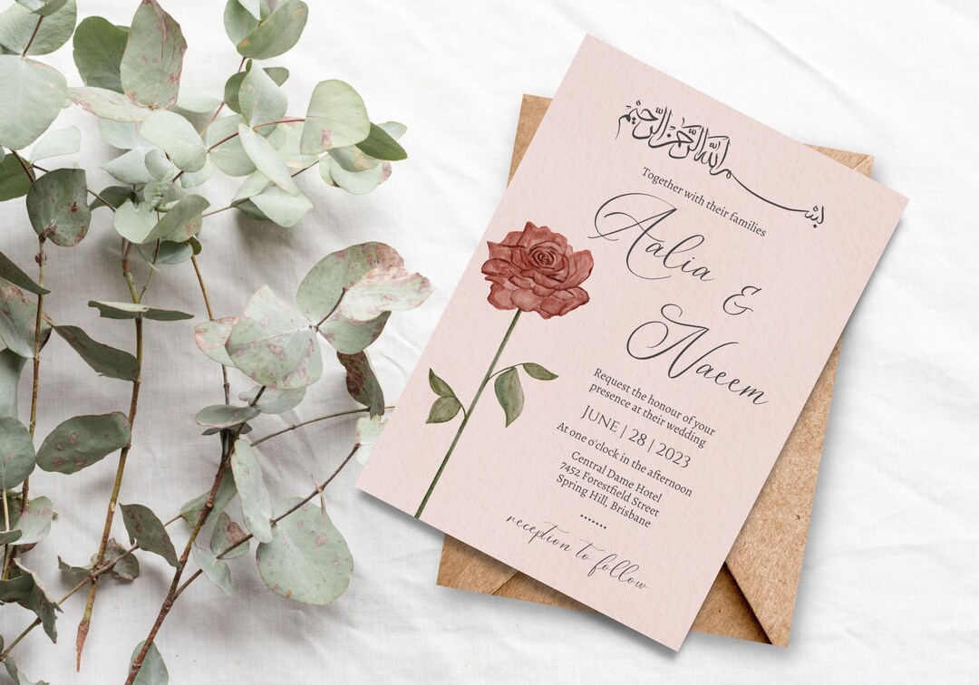Floral Rose Nikah Wedding Invitation, Muslim Walima Invite Islamic ...