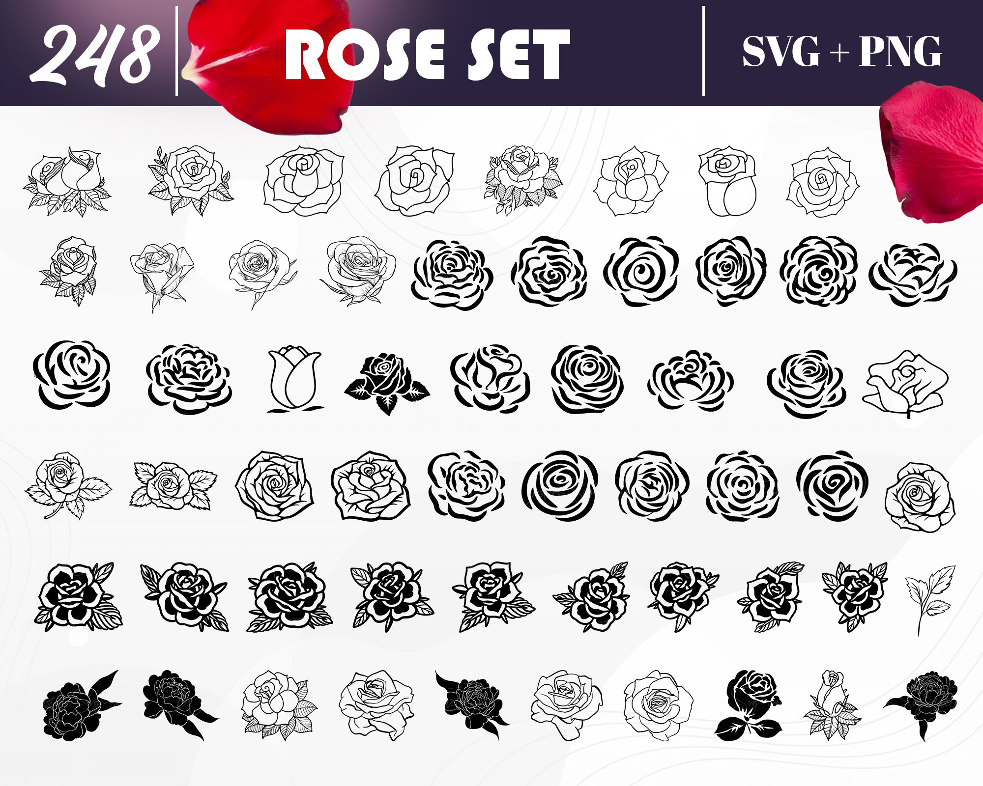Rose SET - 248 Rose SVG, Rose Silhouette, Rose Clipart, Roses Svg, Rose ...