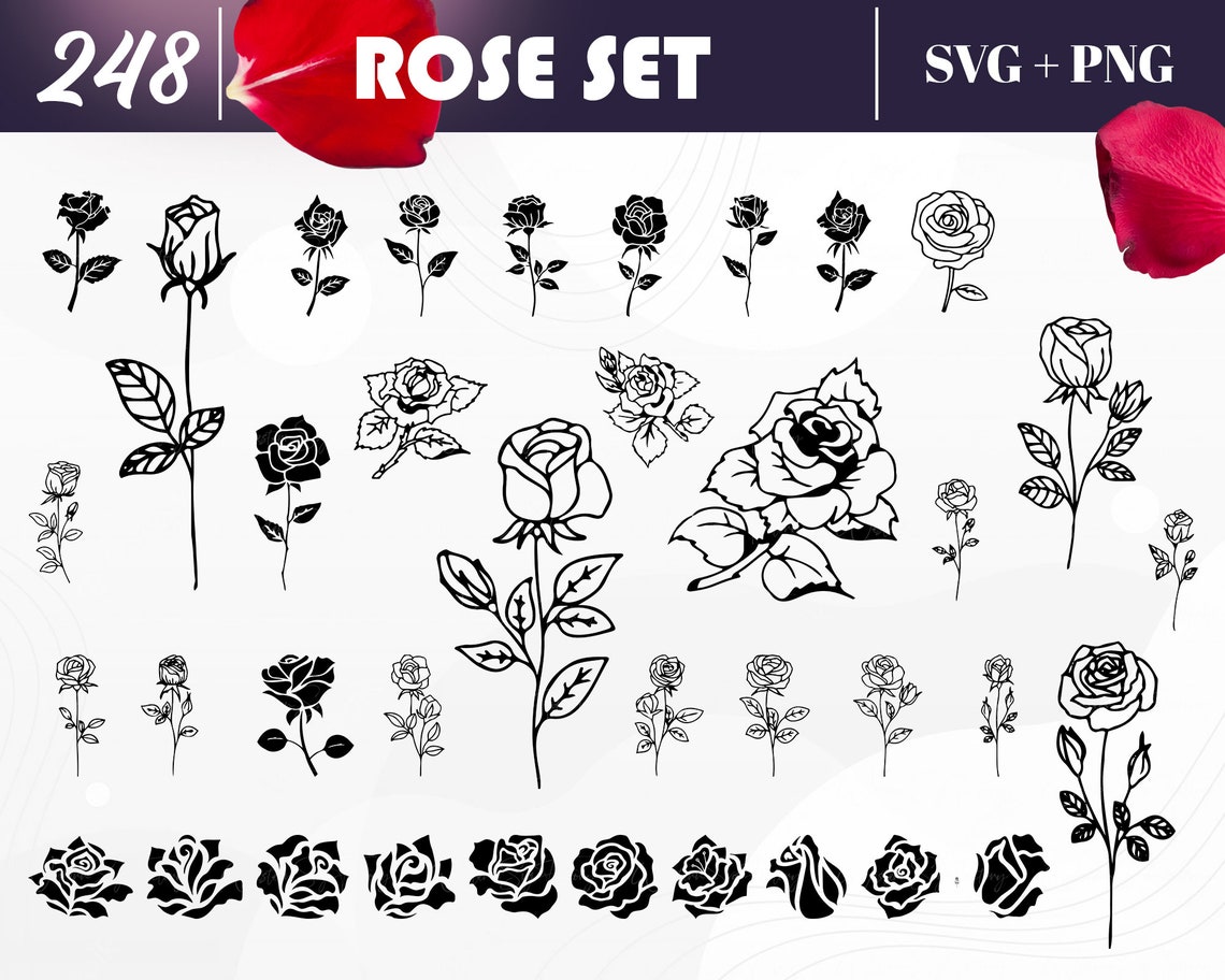 Rose SET 248 Rose SVG, Rose Silhouette, Rose Clipart, Roses Svg, Rose ...