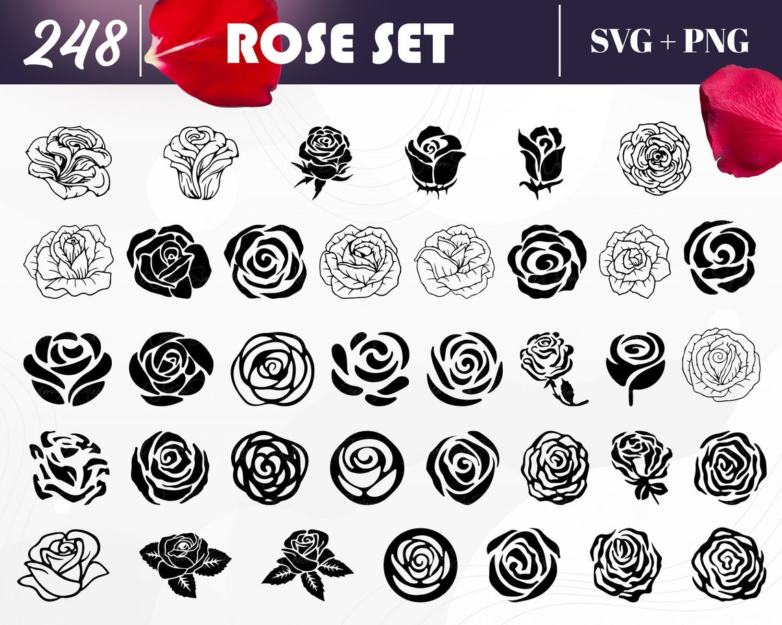 Rose SET 248 Rose SVG, Rose Silhouette, Rose Clipart, Roses Svg, Rose ...