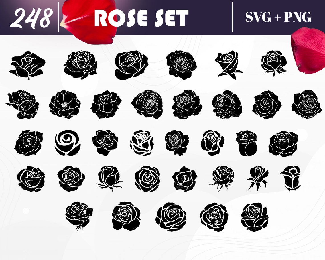 Rose SET 248 Rose SVG, Rose Silhouette, Rose Clipart, Roses Svg, Rose ...