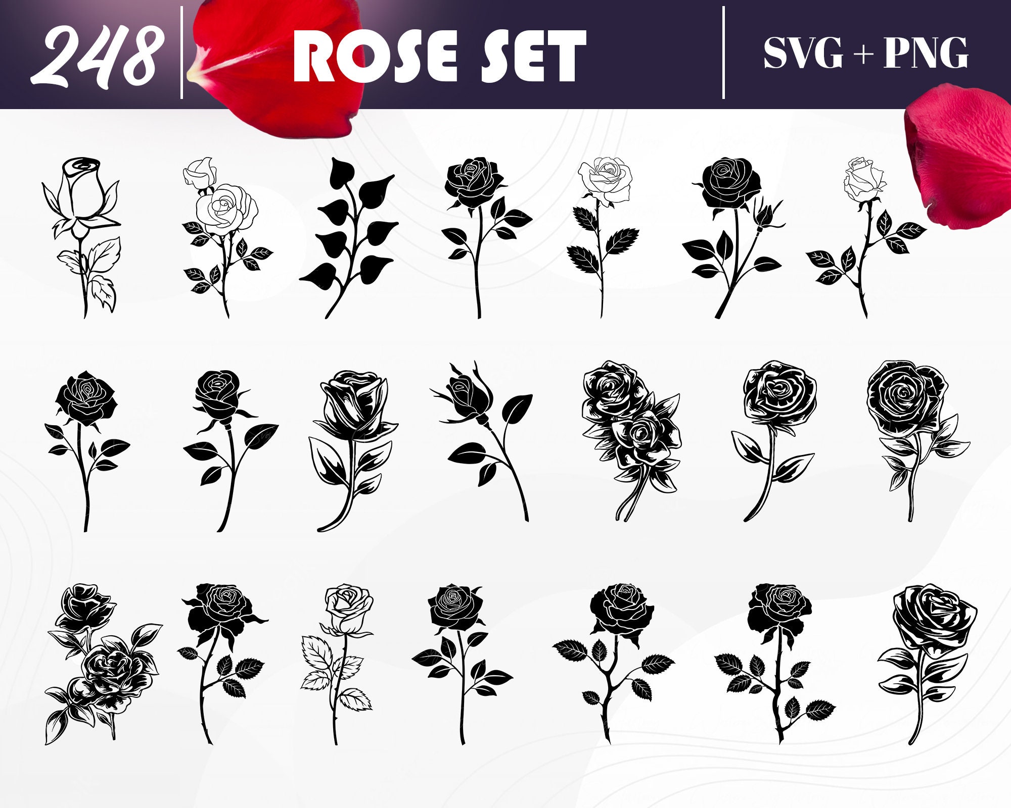 Rose SET 248 Rose SVG, Rose Silhouette, Rose Clipart, Roses Svg, Rose ...