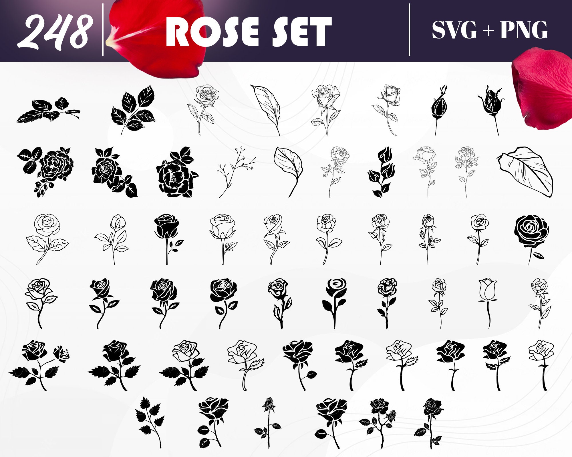 Rose SET 248 Rose SVG, Rose Silhouette, Rose Clipart, Roses Svg, Rose ...