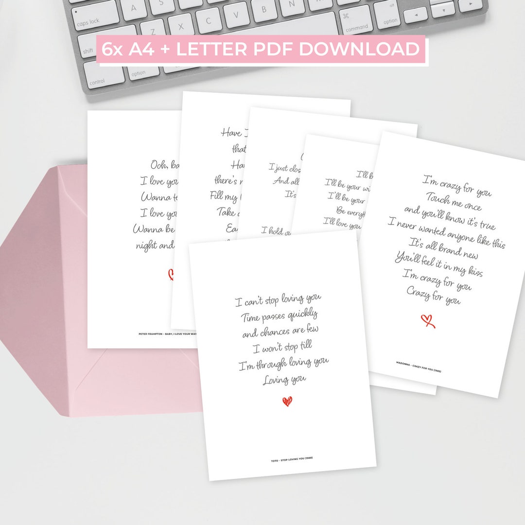 6 Printable Valentine Lyrics Cards (a4–>a5 and US Letter) - 6 Printable ...