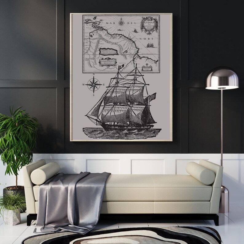 Vintage Art ,boho Map and Ship Art, Digital Product, Vintage Portrait ...