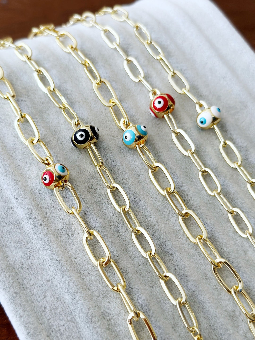 Gold Paperclip Chain Bracelet, Ball Evil Eye Charm Bracelet, Authentic ...
