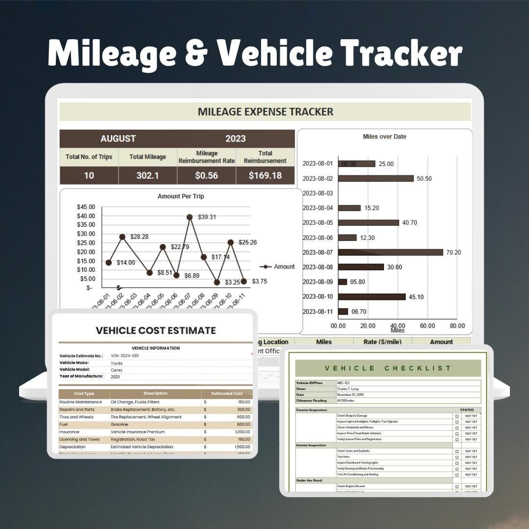 VEHICLE & MILEAGE TRACKER Templates, Vehicle Checklist Template, Fuel ...